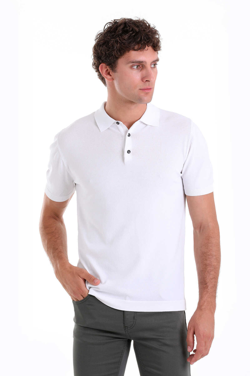 Beyaz Comfort Fit Polo Yaka Rayon Triko Tişört | Hatem Saykı 35362023C001