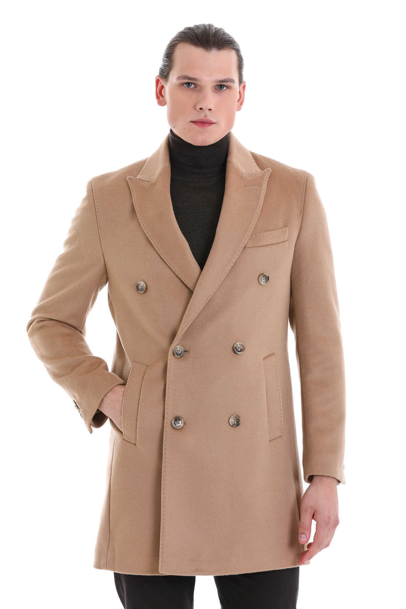 Camel Slim Fit Sivri Yaka Kruvaze Yünlü Kaşe Palto | Hatem Saykı ...