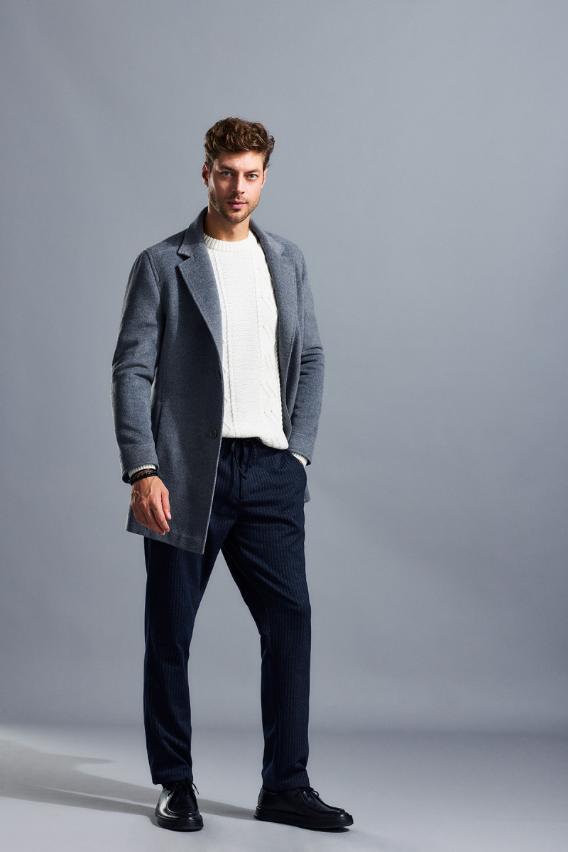 Gri Slim Fit Ceket Yaka Yünlü Kaşe Palto | Hatem Saykı 28193024A001