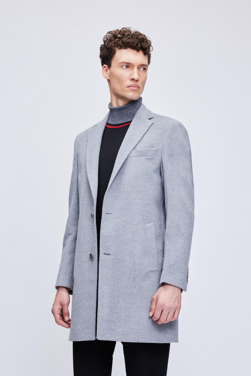 Gri Slim Fit Ceket Yaka Yünlü Kaşe Palto | Hatem Saykı 28202024A022
