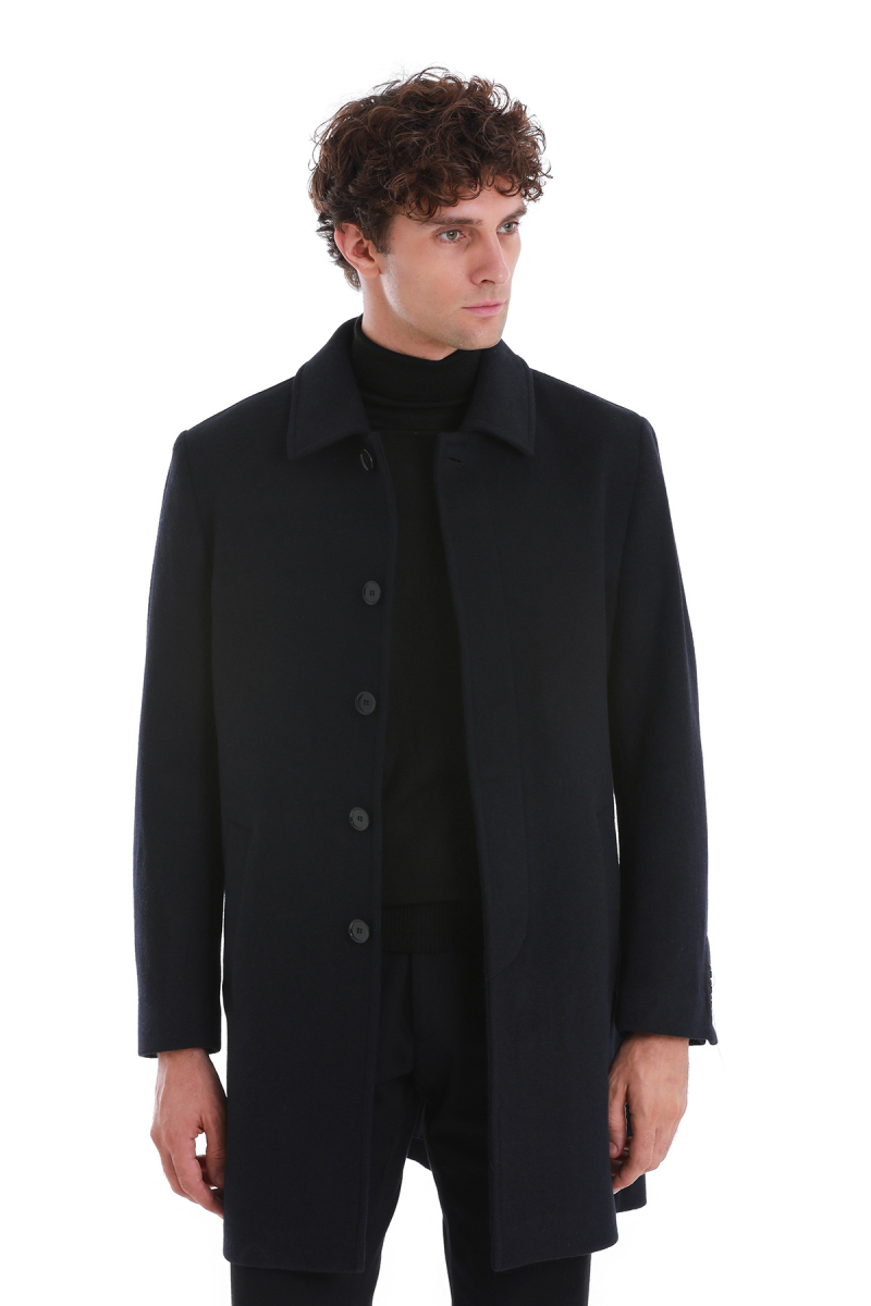 Lacivert Regular Fit Düz Bebe Yaka Kaşe Yünlü Palto | HATEM SAYKI ...