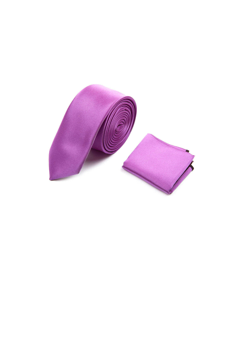 Mor İkili Saten Kravat Mendil Set | Hatem Saykı 26182022C001