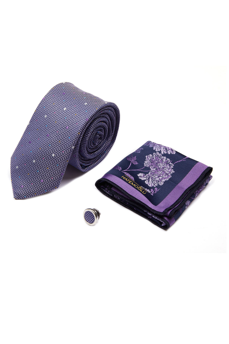 Mor Üçlü Yaka Rozeti Kravat Mendil Set | HATEMOĞLU 11021022C001