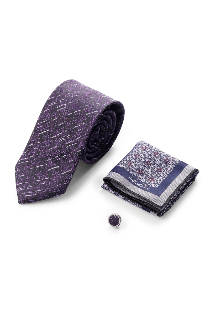 Mor Üçlü Yaka Rozeti Kravat Mendil Set | Hatemoğlu 11021023C001