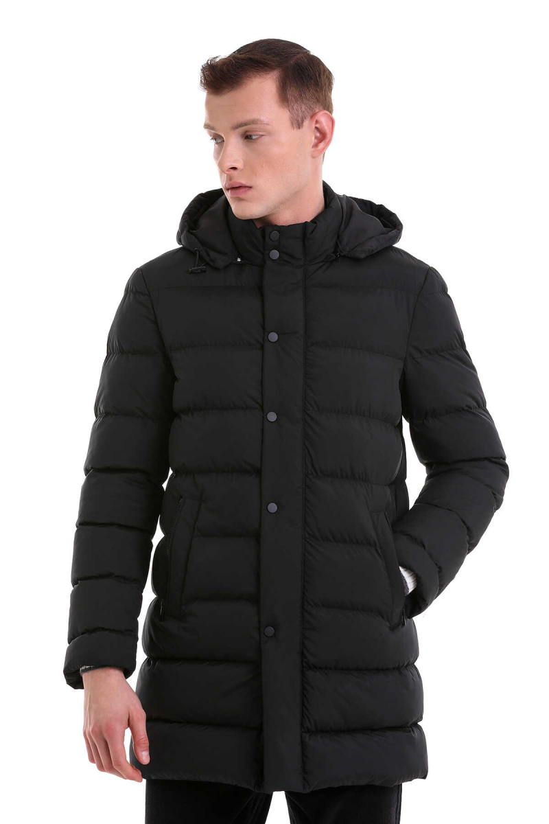 Siyah Slim Fit Hakim Yaka Kapüşonlu Basic Kaban | Hatem Saykı 22232023A008
